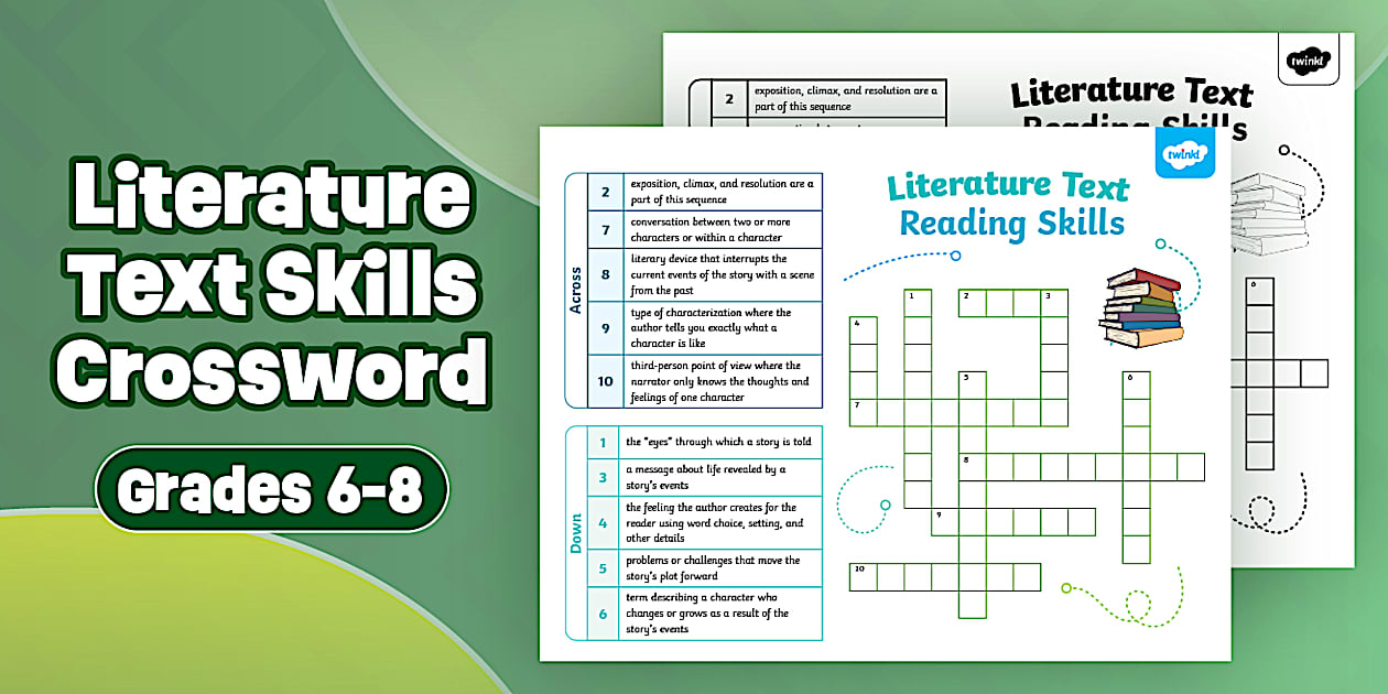Literature Text Reading Skills Crossword for 6th-8th Grade