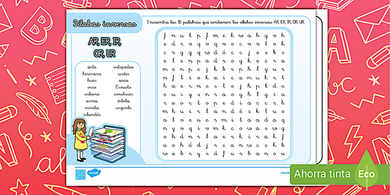 Sopa de letras: Sílabas inversas AR, ER, IR, OR, UR
