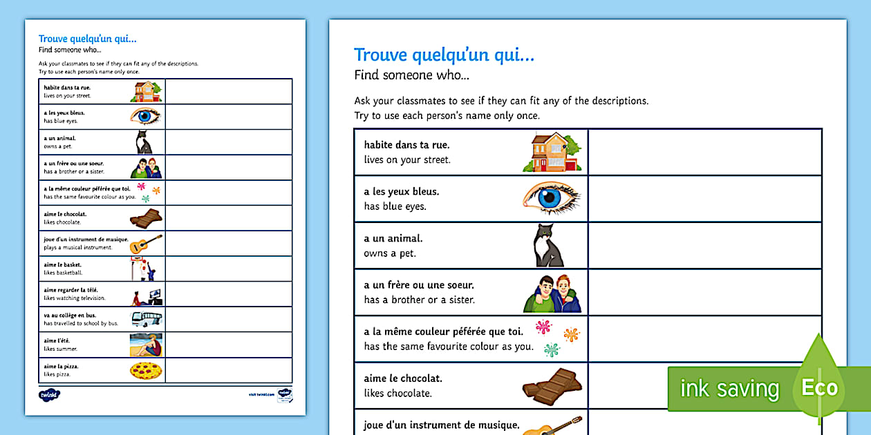 Transition MFL French Find Someone Who Worksheet / Worksheet