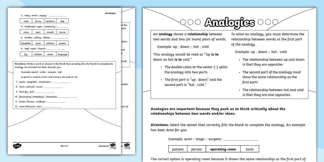 Sixth Grade Analogies Worksheet