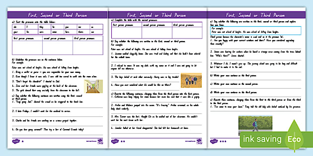 Writing in First, Second and Third Person Worksheets