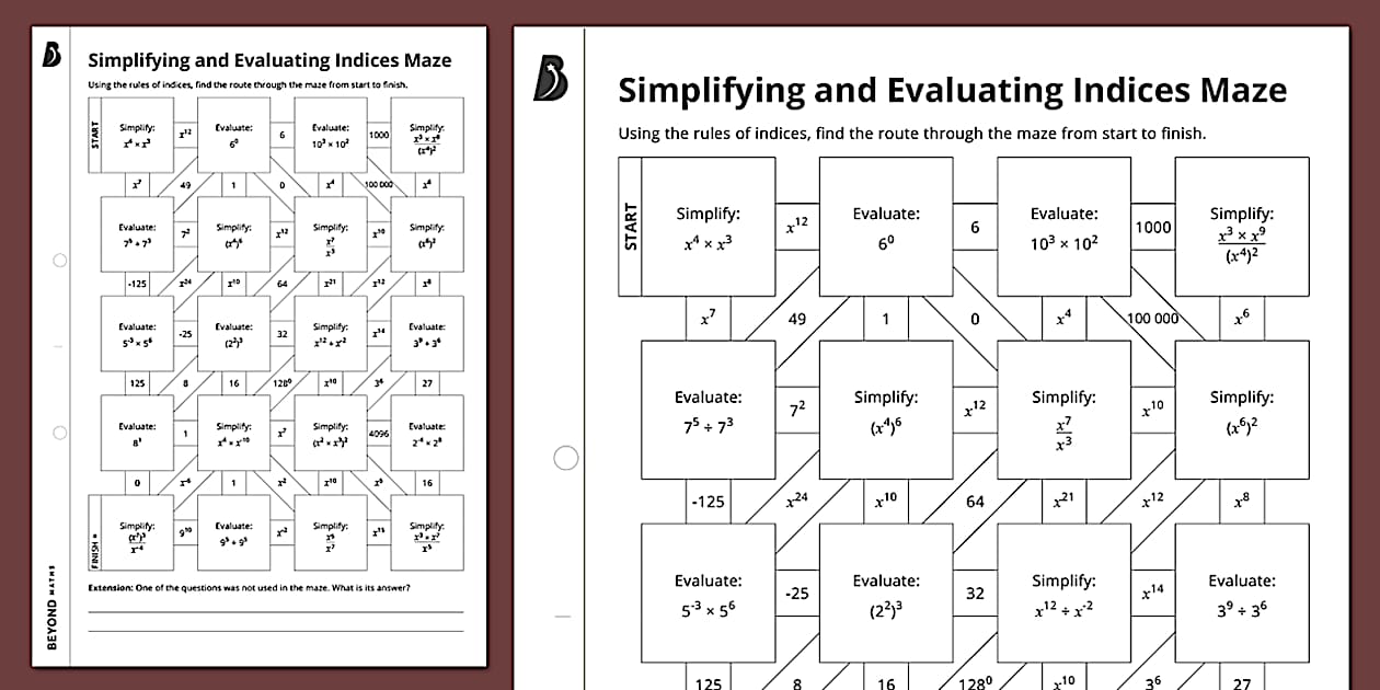 👉 Simplifying and Evaluating Indices Maze - Twinkl