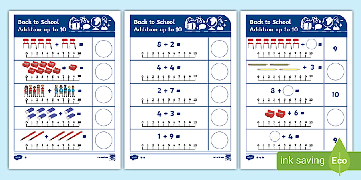 Back to School Trace, Count and Add Up to 10 Worksheet / Worksheet