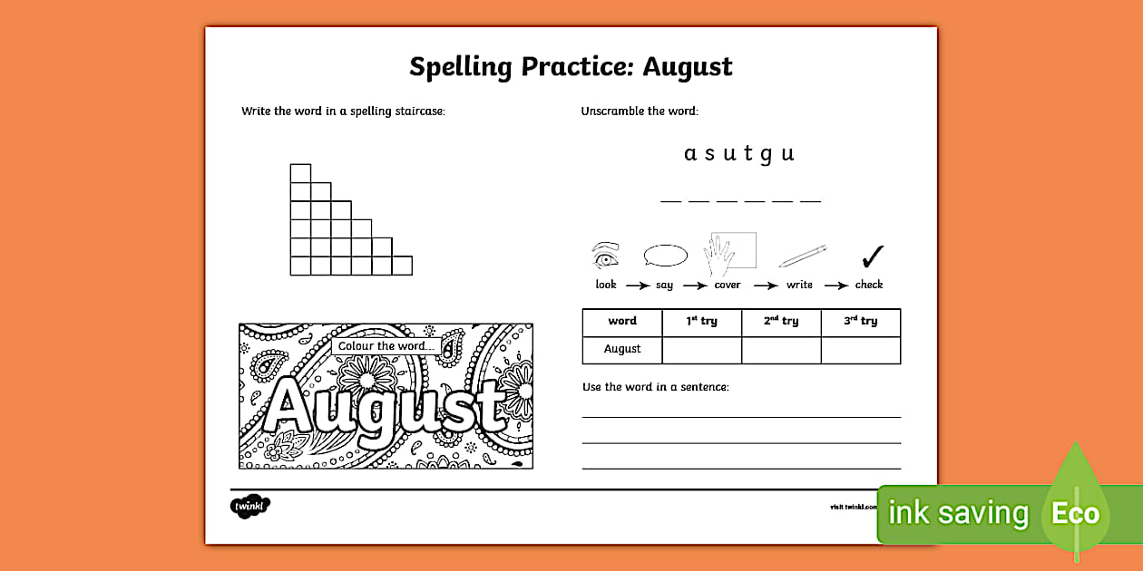 August Spelling Practice Worksheet - Twinkl