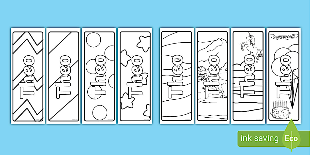 Theo Simple Name Colouring Bookmarks (teacher made) - Twinkl