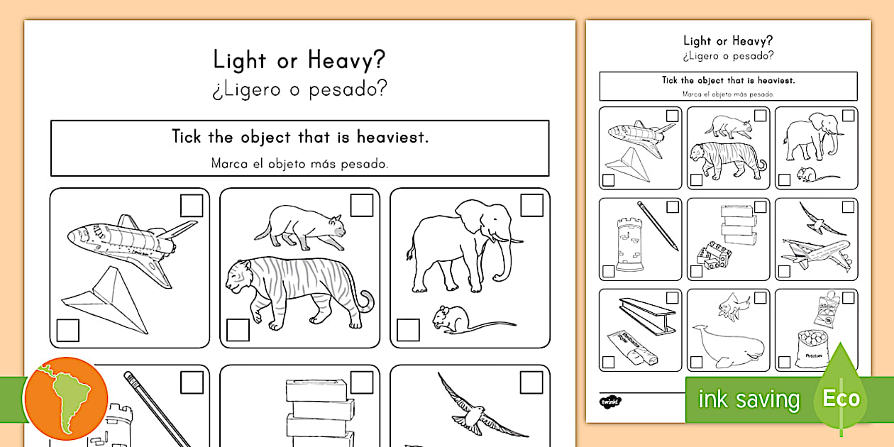 Heavy or Light Worksheet English/Spanish | Twinkl USA
