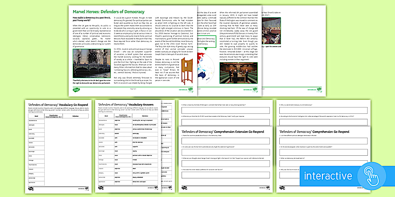 Defenders of Democracy Differentiated Comprehension Go Respond Worksheet