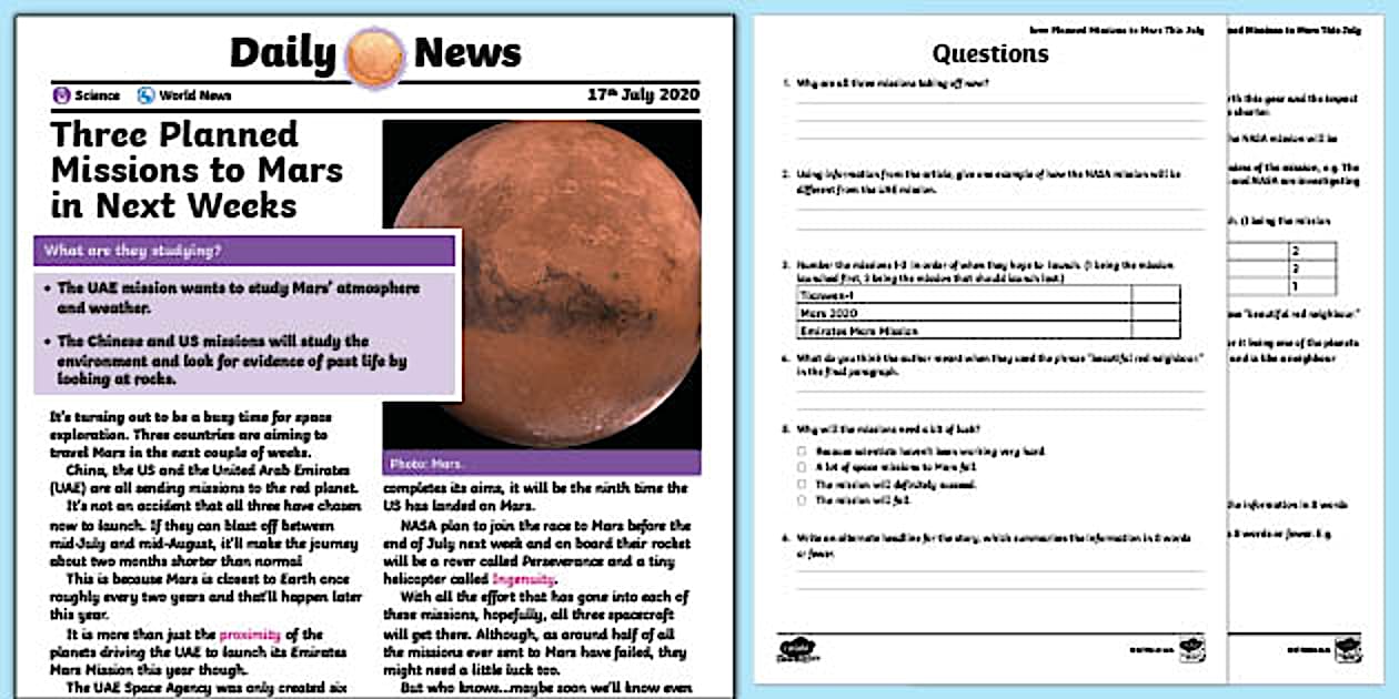 Three Planned Missions to Mars in Next Weeks Daily News Story (ages 9-11)