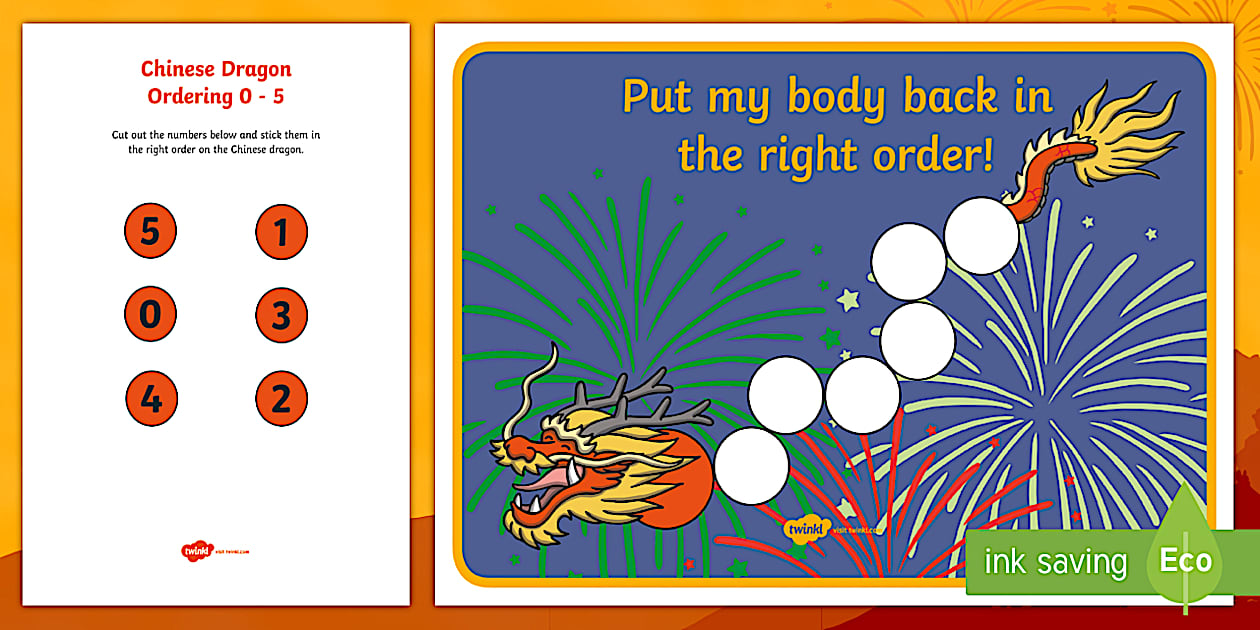Chinese Dragon Ordering 0 to 5 Worksheet - Twinkl