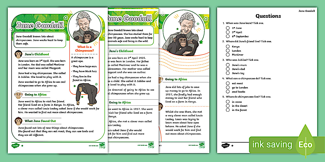 KS1 Jane Goodall Differentiated Reading Comprehension Activity