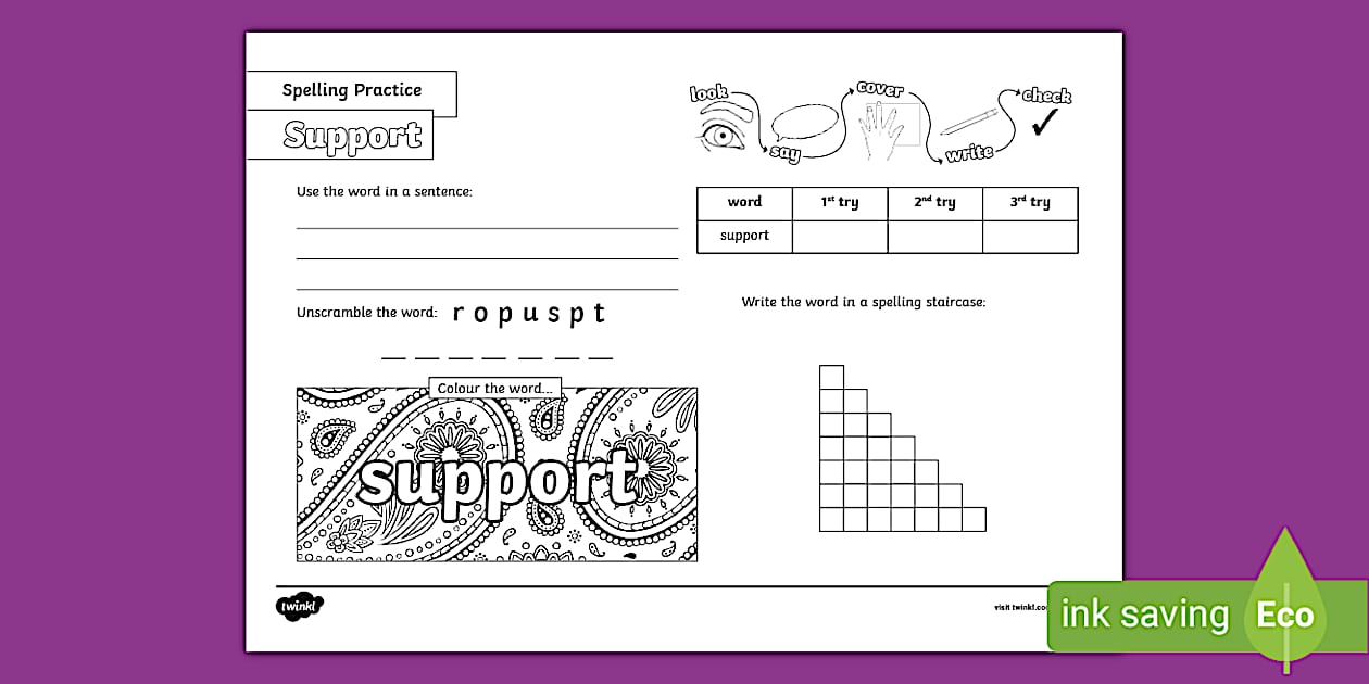 Support Spelling Practice Worksheet (teacher made) - Twinkl