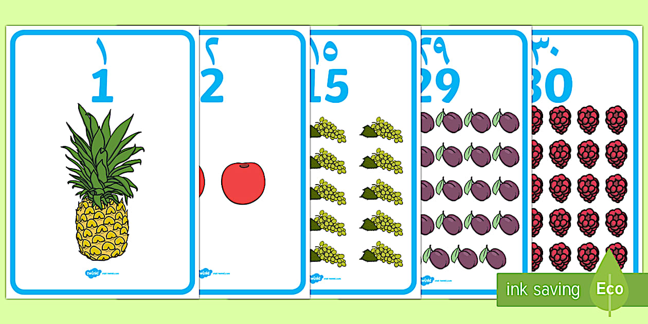 Fruit-Themed Number 1-30 Display Posters Arabic/English - Numbers 0-30 on