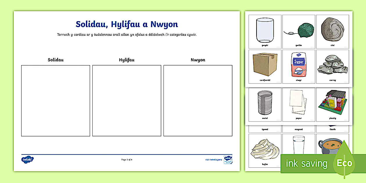 Taflen Weithgaredd Ddidoli Hylifau, Solidau a Nwyon - Twinkl