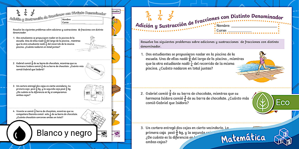 guía fracciones adición sustracción suma resta fracción
