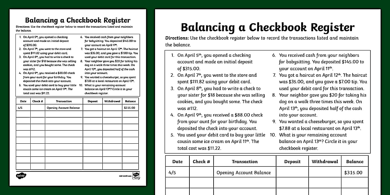 Sixth Grade Balancing a Checkbook Register Worksheet