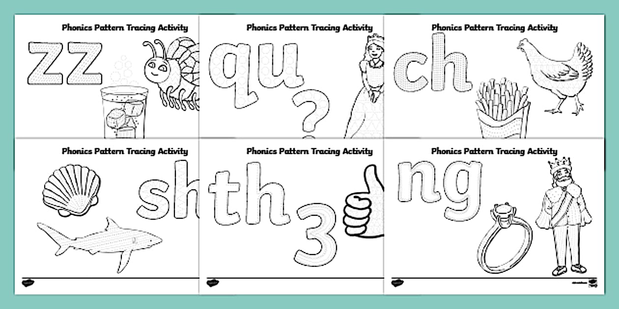 zz, qu, ch, sh, th, ng Phase 3 Phonics Pattern Tracing Activity