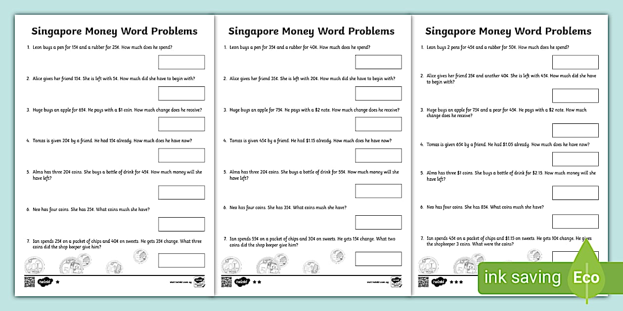 Singapore Money Word Problems Worksheet (Lehrer gemacht)