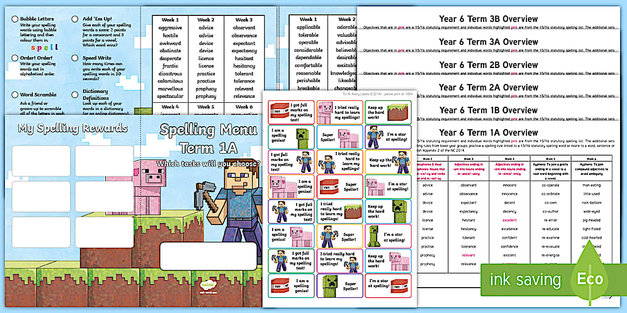 Editable Year 6 Block Adventurer Themed Spelling Menu Pack