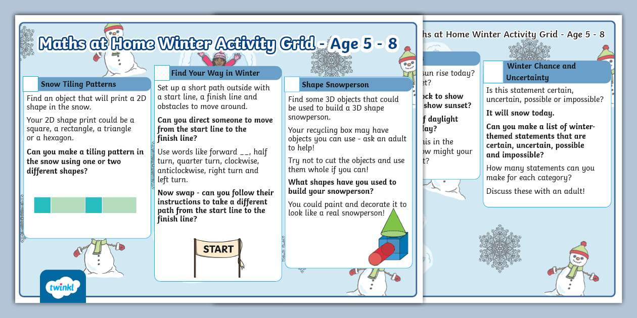 Maths at Home Winter Activity Grid - Age 5-8 (teacher made)