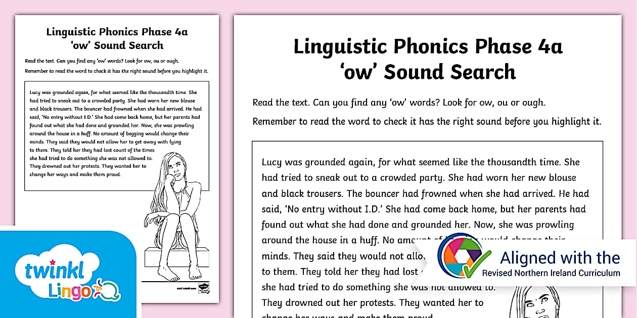 Northern Ireland Linguistic Phonics Stage 5 and 6 Phase 4a 'ow' Worksheet