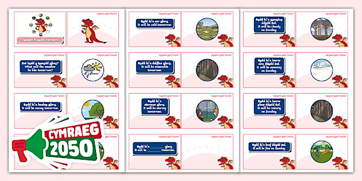 Learn Welsh: Cardiau Maint Lanyard y Tywydd: Amser y Dyfodol/Future Tense