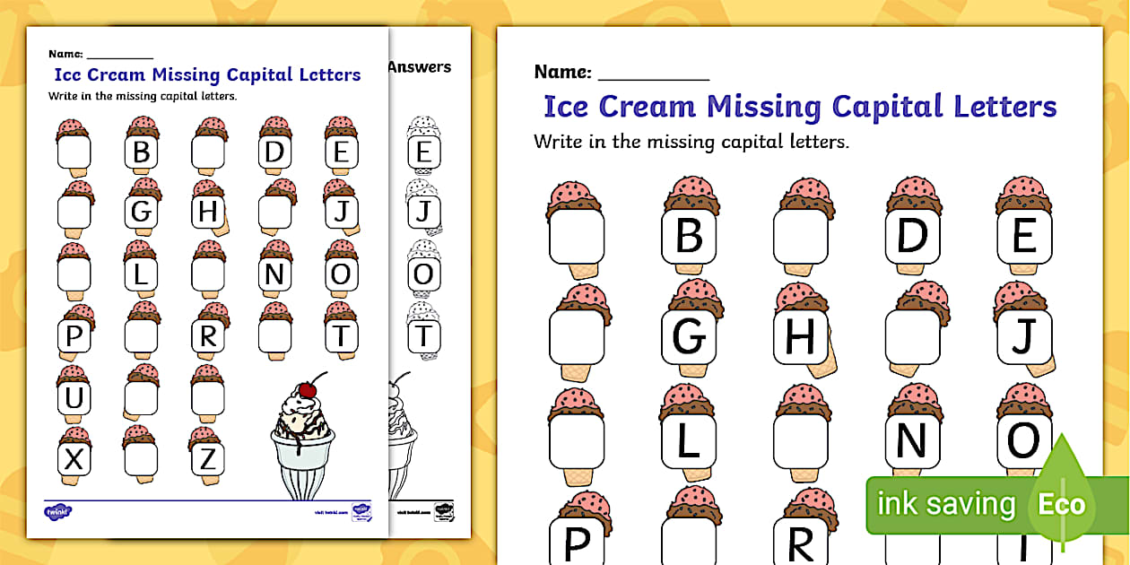Ice Cream Missing Capital Letters Worksheet Twinkl Alphabet