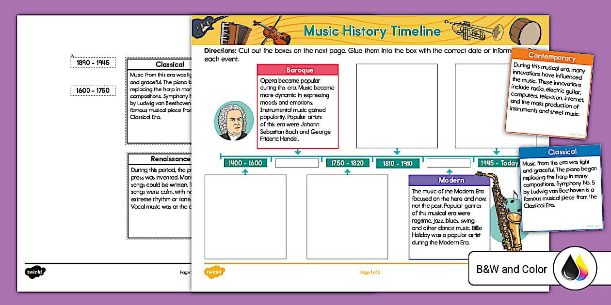 Music History Timeline Cut and Paste Worksheet for 1st-2nd Grade