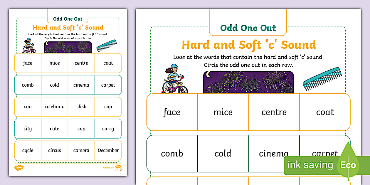 Hard and Soft 'c' Sound Odd One Out Worksheet (Teacher-Made)