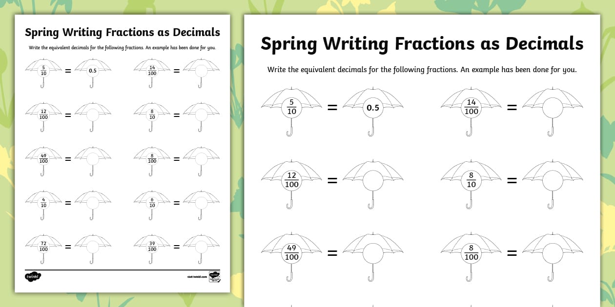 Fourth Grade Writing Fractions as Decimals Spring Activity