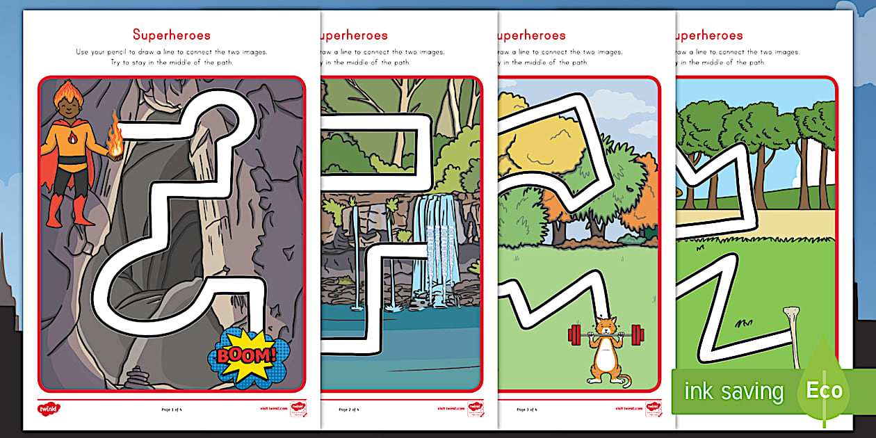 Superheroes Pencil Control Path Worksheet / Worksheets
