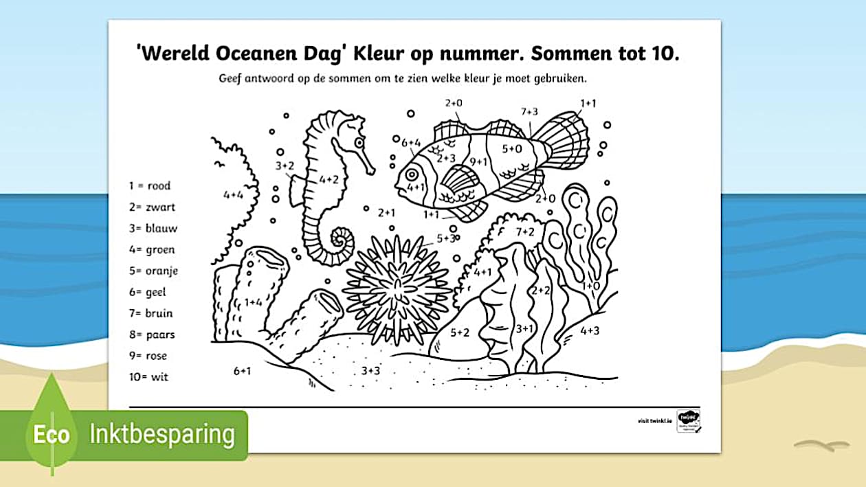 'Wereld Oceanen Dag' Kleur op nummer. Sommen tot 10.