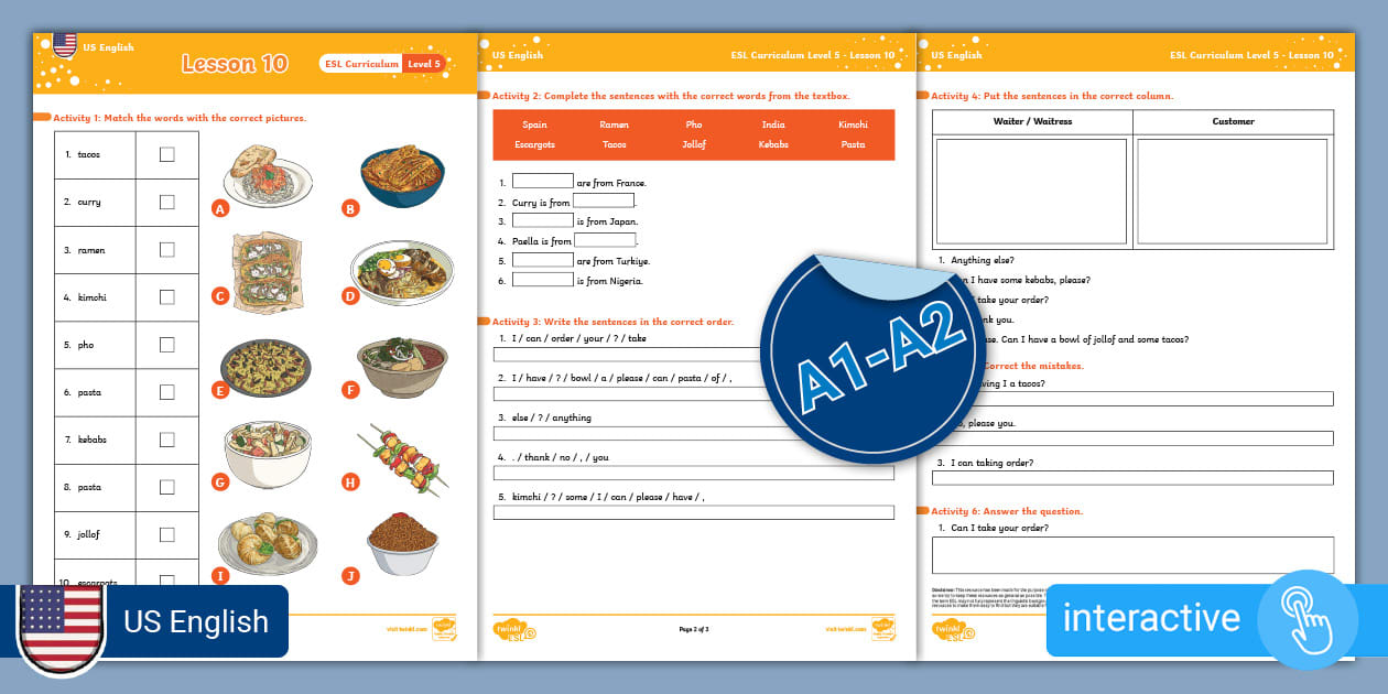 ESL Curriculum Level 5 Lesson 10 Interactive Acitivity Sheet