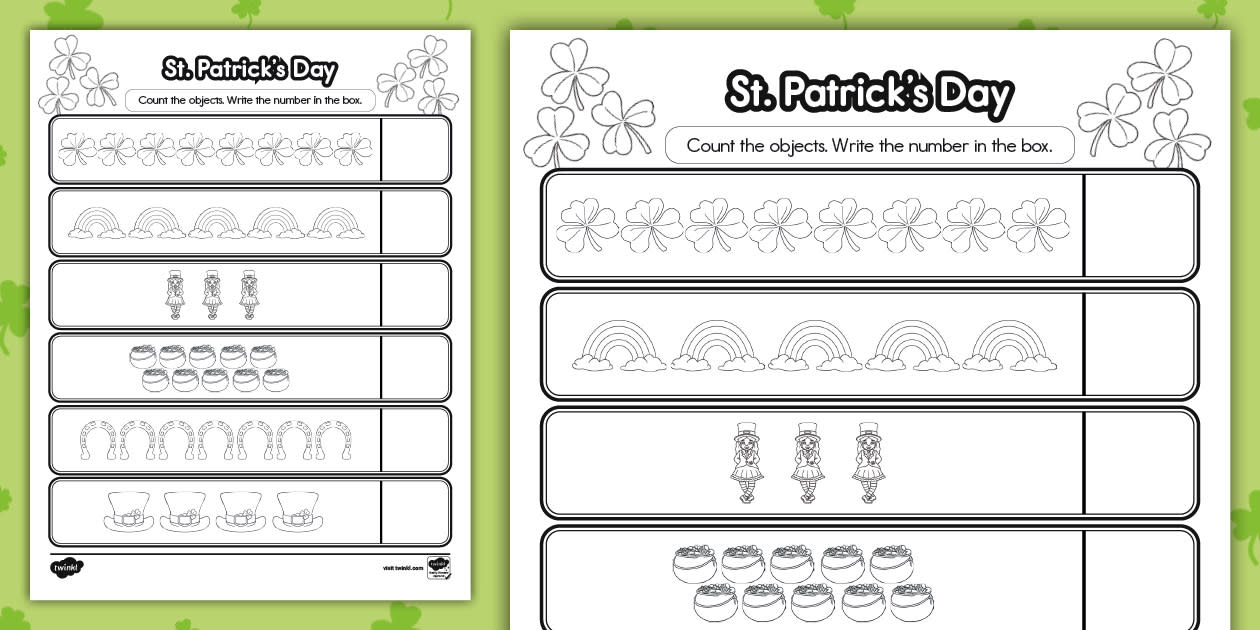 Kindergarten St. Patrick's Day Count and Write Worksheet