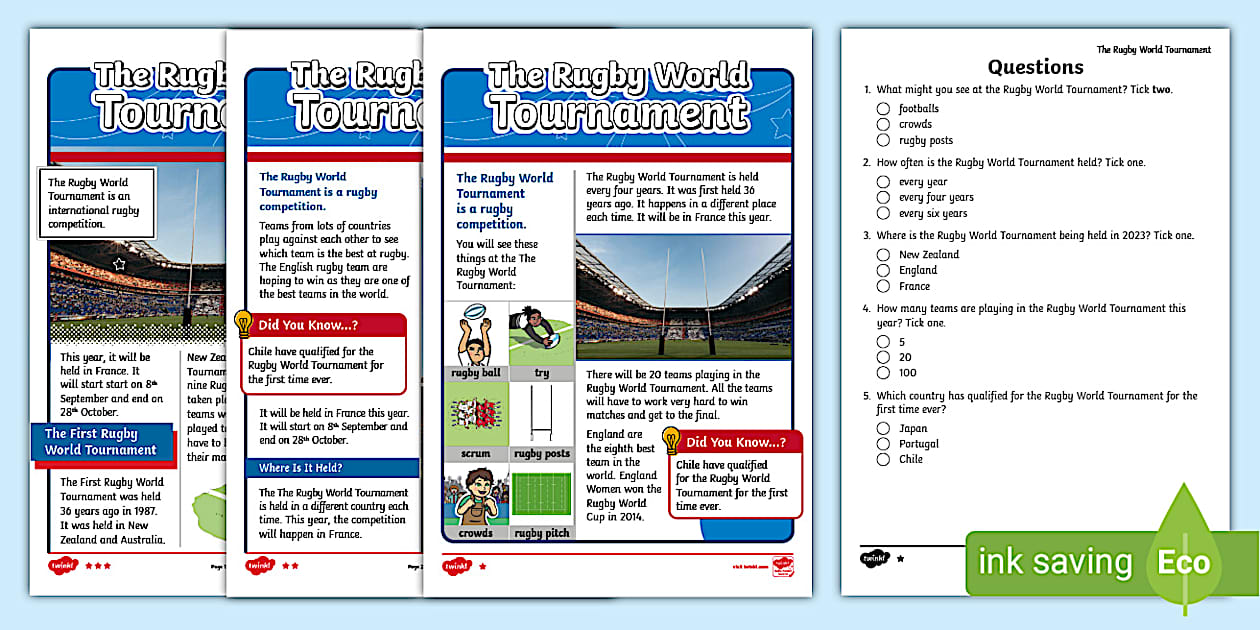 FREE! - The Rugby World Tournament Reading Comprehension KS1