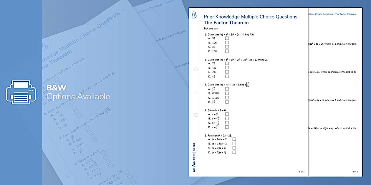 👉 The Factor Theorem - Prior Knowledge Multiple-Choice Questions