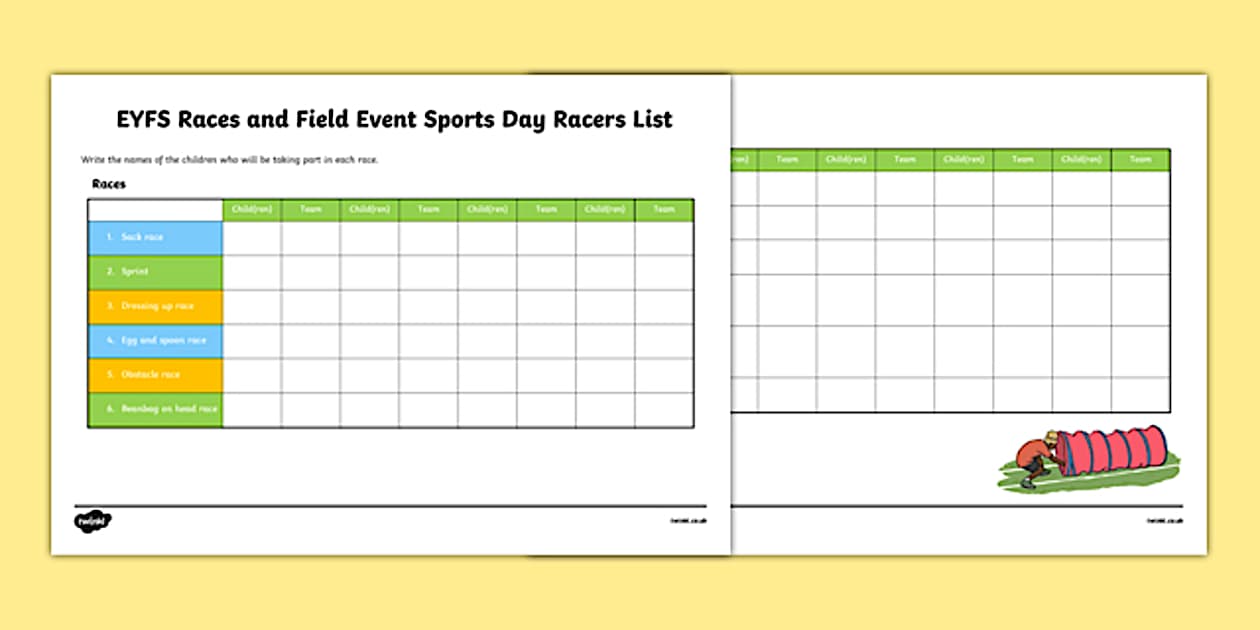 EYFS Races and Field Events Sports Day Racers List - Twinkl