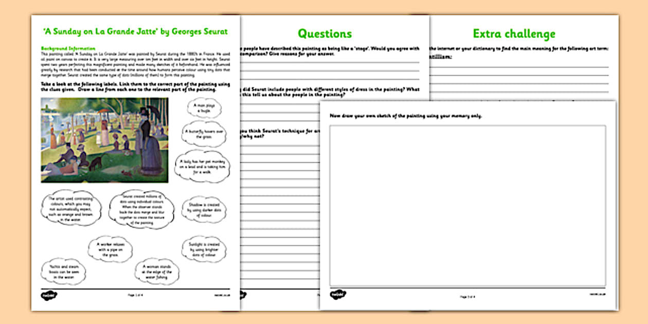 A Sunday on La Grande Jatte by Seurat Art Appreciation Worksheet ...