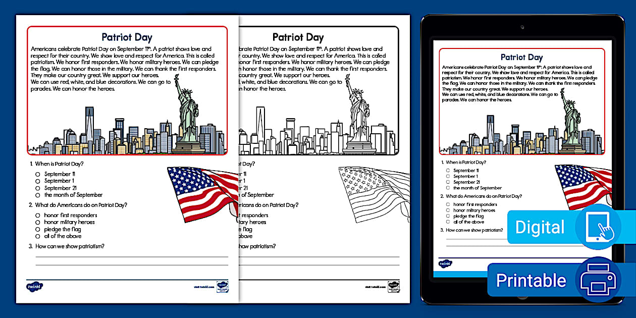 First Grade Patriot Day Reading Passage Comprehension