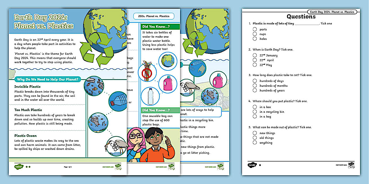 KS1 Earth Day 2024 Planet vs Plastics Reading Comprehension