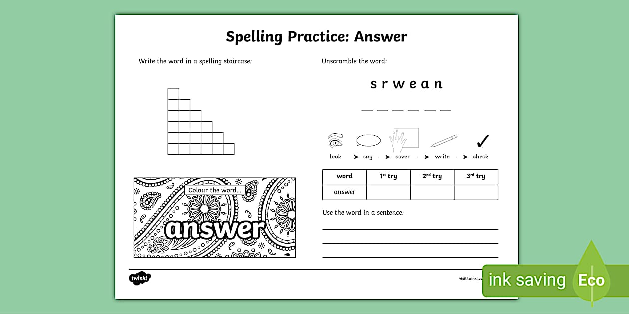 Answer Spelling Practice Worksheet (teacher made) - Twinkl