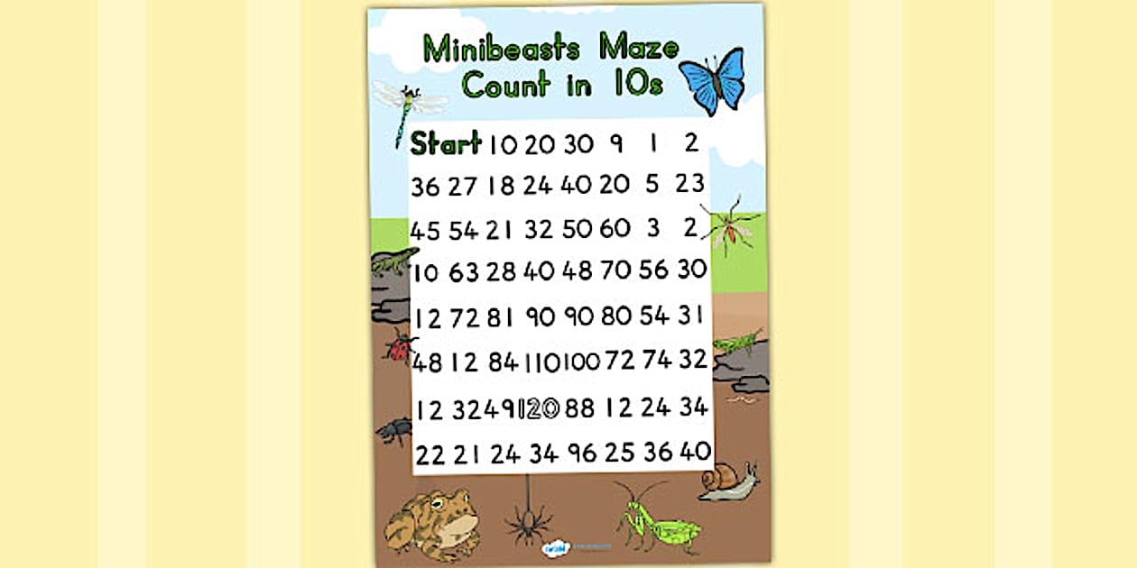 Black and White Minibeasts Counting in 10s Maze Worksheet - Australia