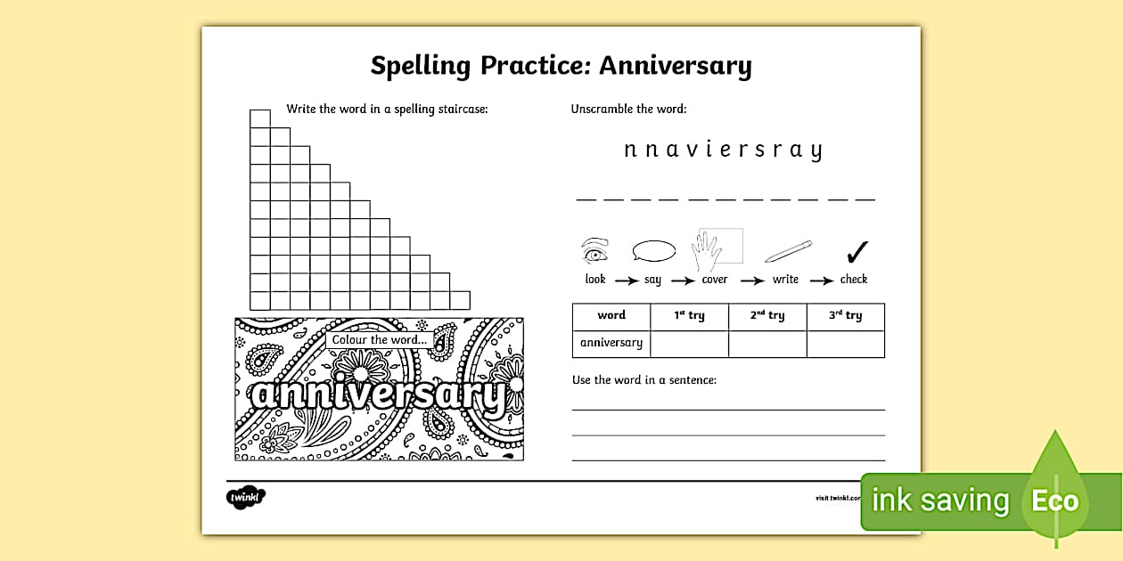 Anniversary Spelling Practice Worksheet (teacher made)