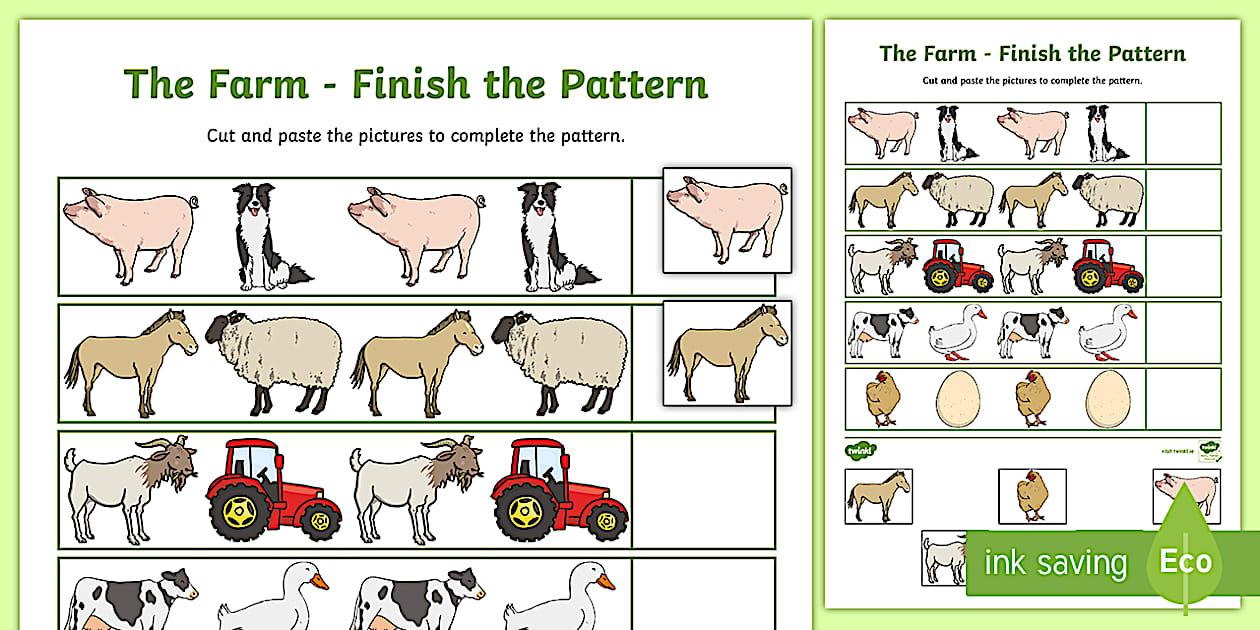 The Farm Aistear Complete the Pattern Worksheet - Twinkl