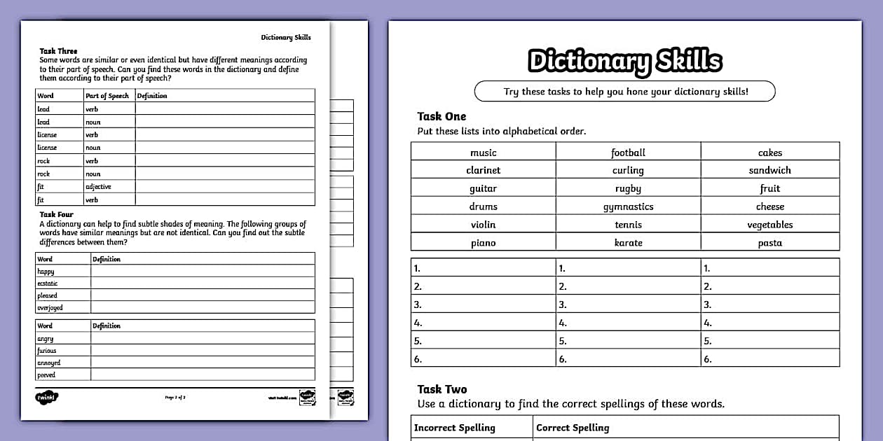 Dictionary Skills Practice Worksheet for 6th-8th Grade