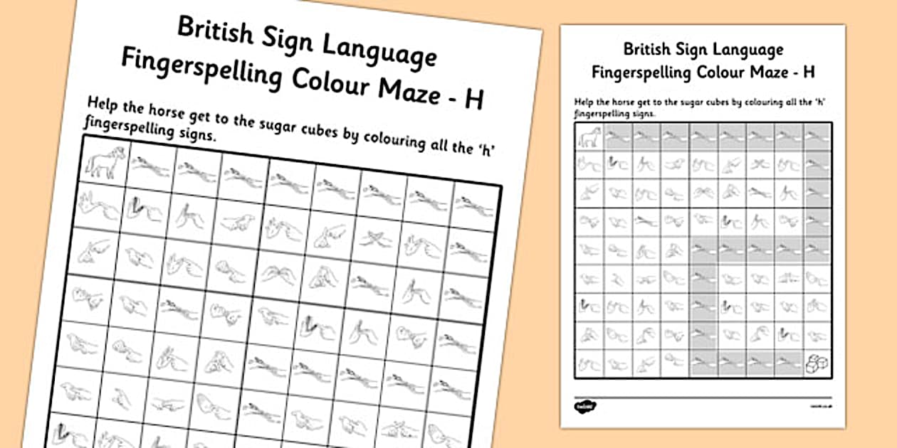 British Sign Language Left Handed Fingerspelling Colour Maze H
