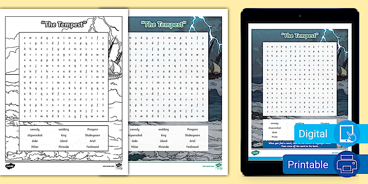 The Tempest by William Shakespeare Word Search for 4th-5th Grade