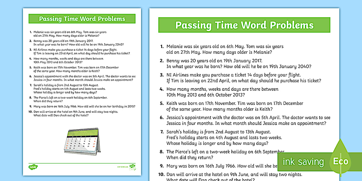Passing the Time Word Problems Worksheet / Worksheet