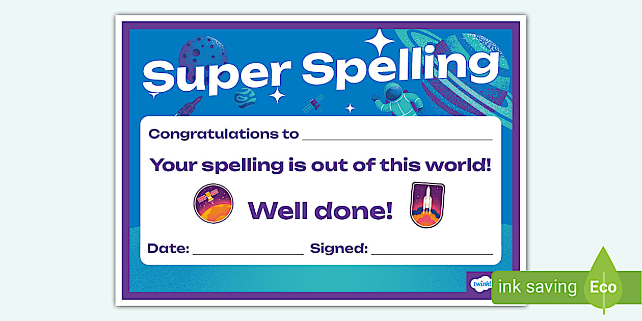 Space-Themed Super Speller Certificate