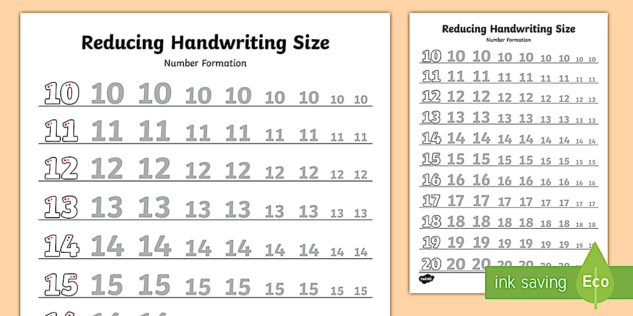 10 - 20 Reducing Handwriting Size Number Formation Worksheet / Worksheets