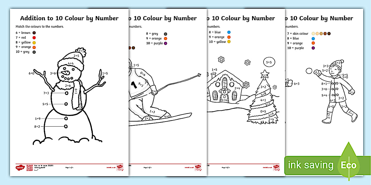 Winter Colouring Pages - Addition to 10 Colour by Number